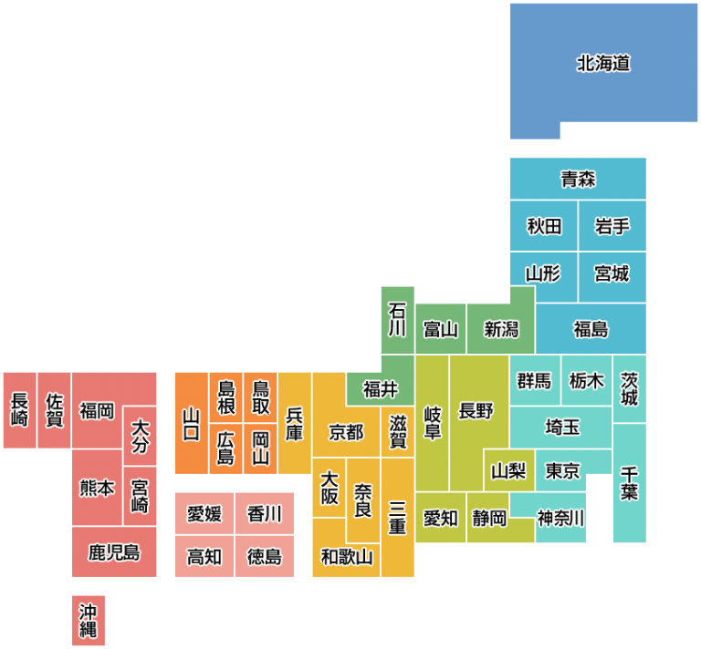 日本地図のデフォルメイラスト＜カラー：都道府県名入り＞ | 無料フリーイラスト素材集【Frame illust】